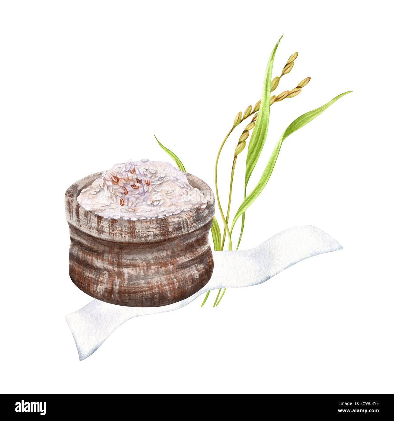 Traditional hessian bag with white rice grains and plant stalks. Hand ...