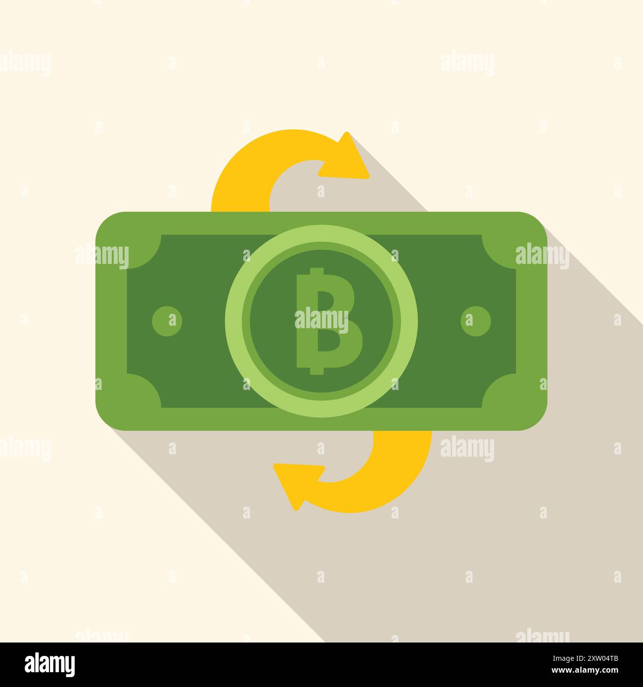 Green banknote with golden bitcoin symbol and two rotating arrows ...