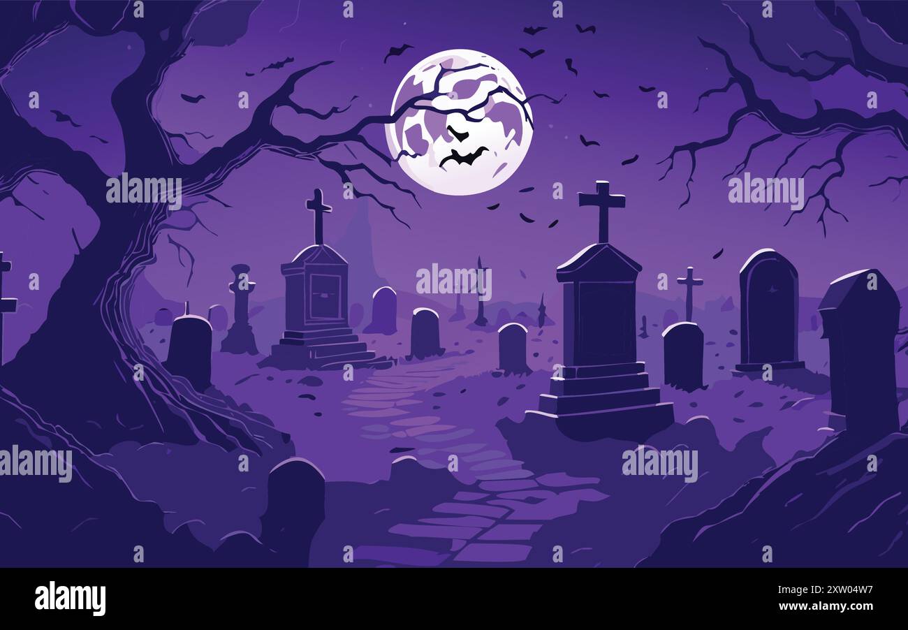 Night spooky Halloween graveyard cartoon vector background, Haunted with glowing eye in forest ...