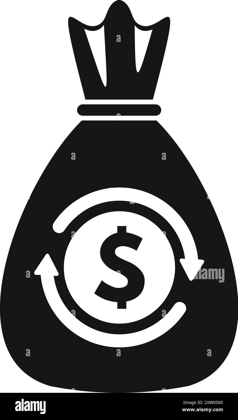 Black and white icon of a bag with a dollar sign and two rotating ...