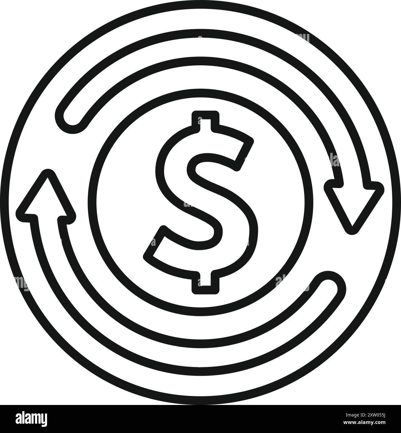 Line art vector of a dollar sign in a circle with arrows showing the ...