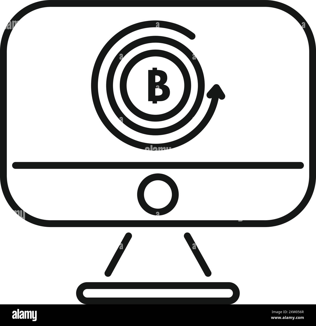 Line art vector icon of a computer screen showing a rotating bitcoin ...
