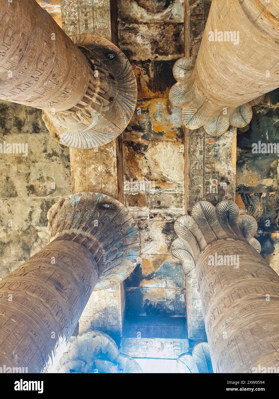 Unique floral columns in the Hypostyle gallery in the Temple of Horus ...