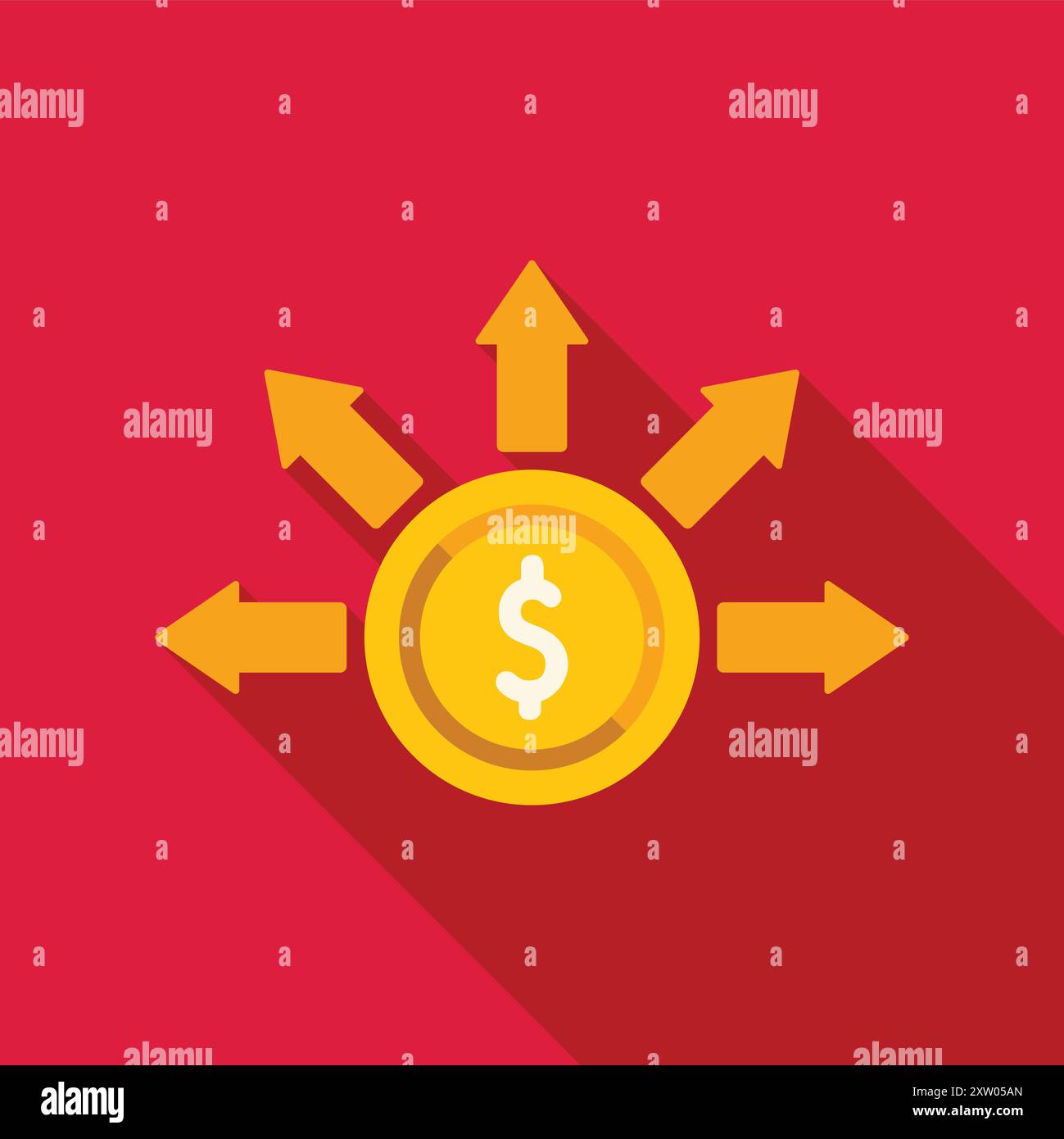 Gold coin with a dollar sign is surrounded by arrows pointing outward ...