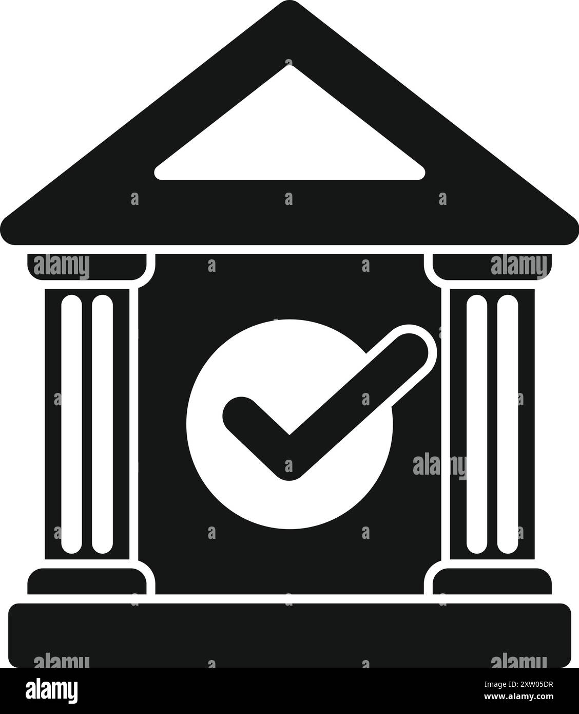 This vector illustration shows a bank building with a check mark ...