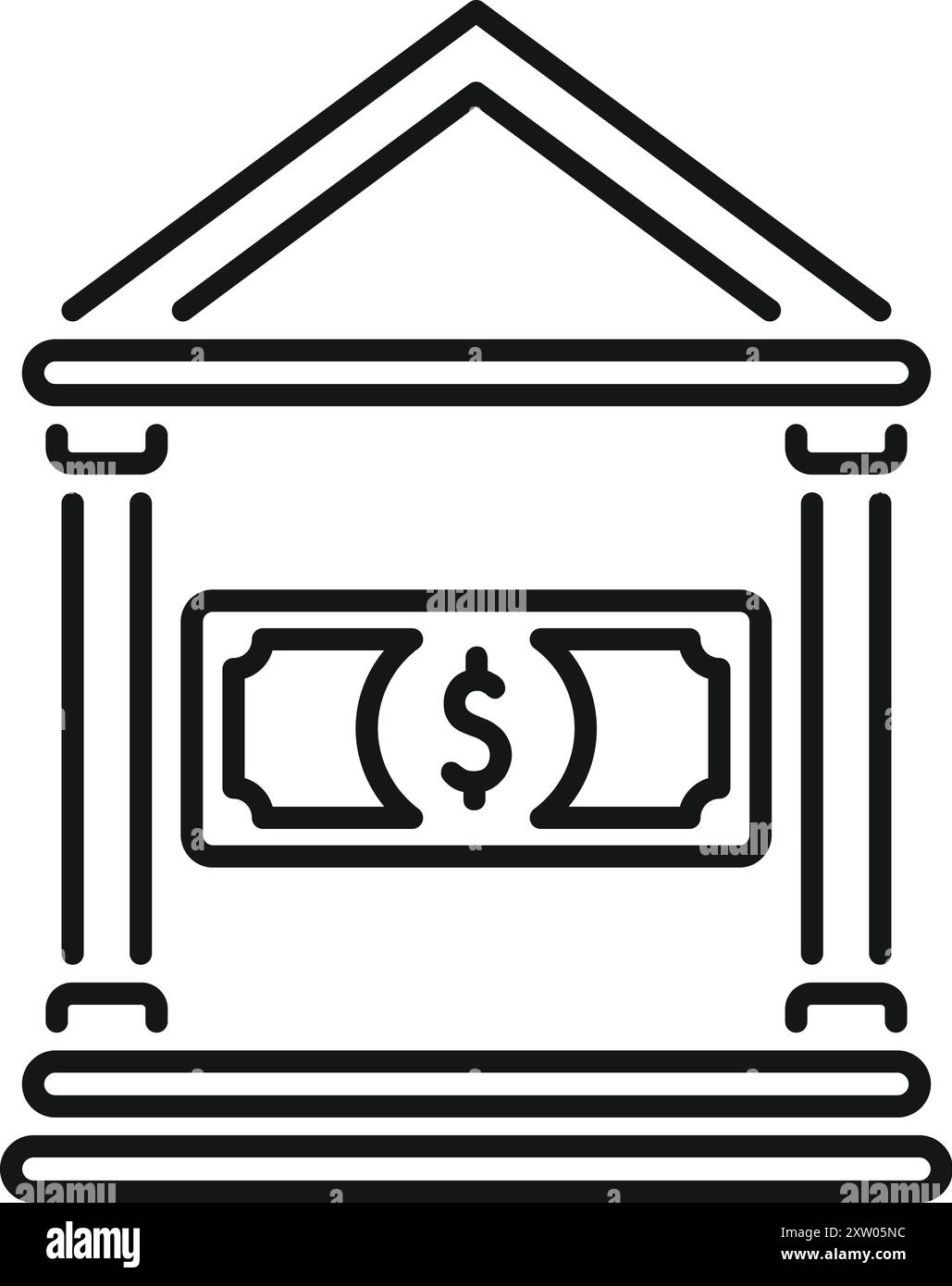 Line art vector icon of a bank building facade with a dollar bill ...