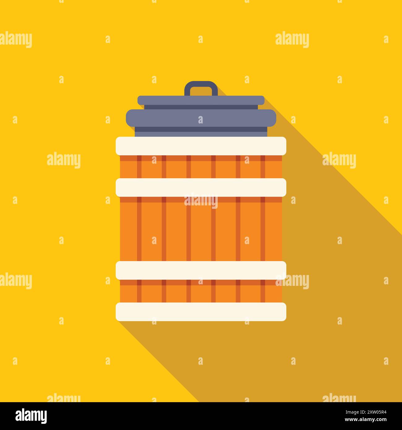 Wooden barrel with a metal lid is depicted on a yellow background ...