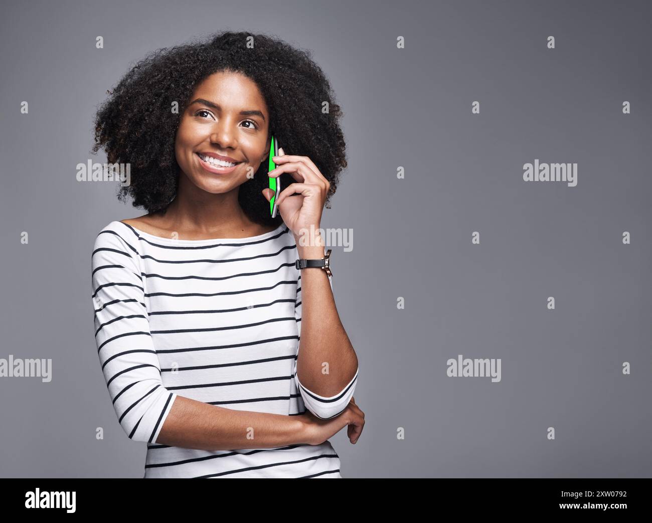 Phone call, black woman and green screen with smile, communication and ...