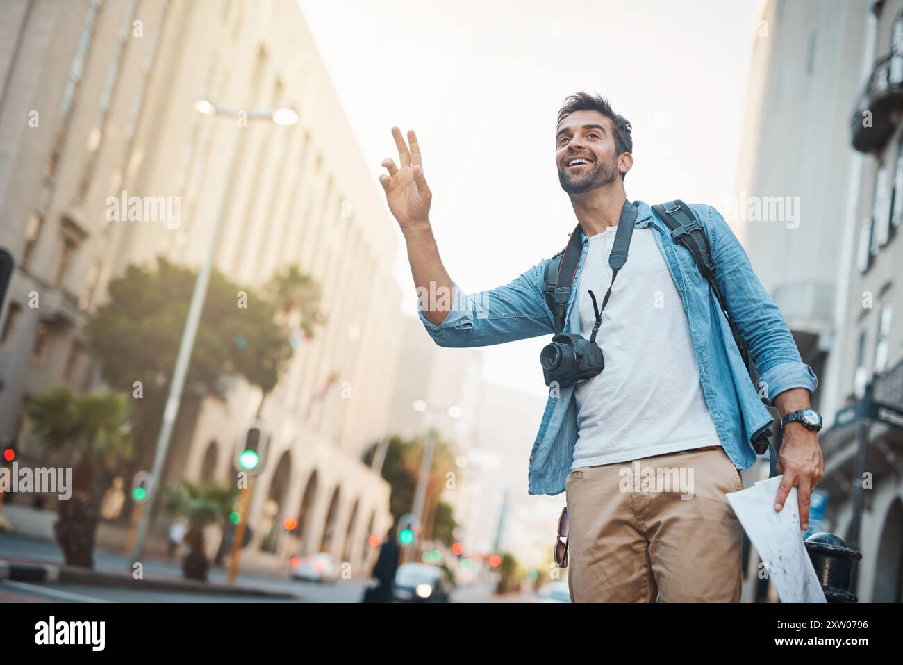 City, map and taxi with tourist man outdoor on street for commute ...