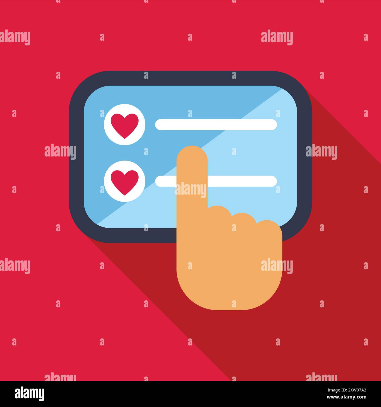 Finger is tapping a heart icon on a mobile phone, with a red background ...