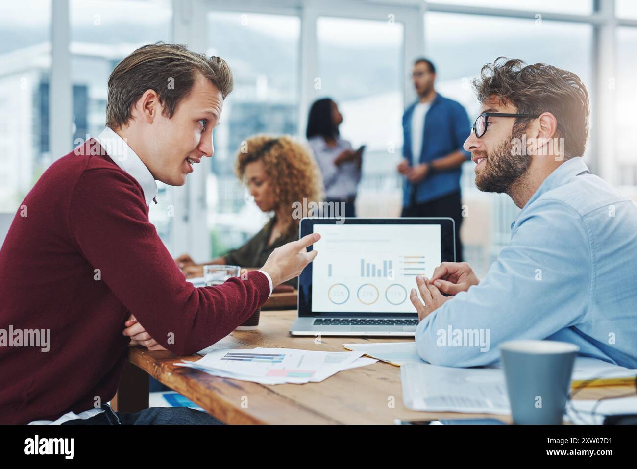 Business people, economy and men with laptop screen, charts and stats ...