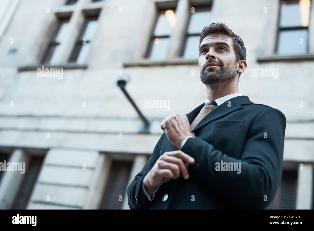 Business, man and street in city with thinking or commuting for work ...