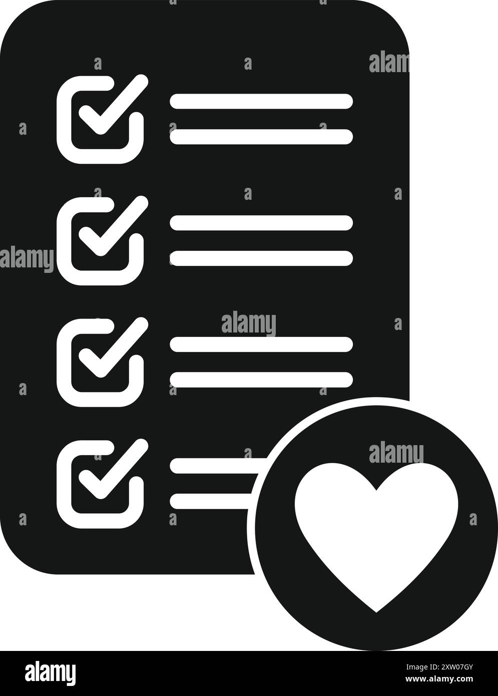 Black and white icon of a completed checklist with a heart symbol ...