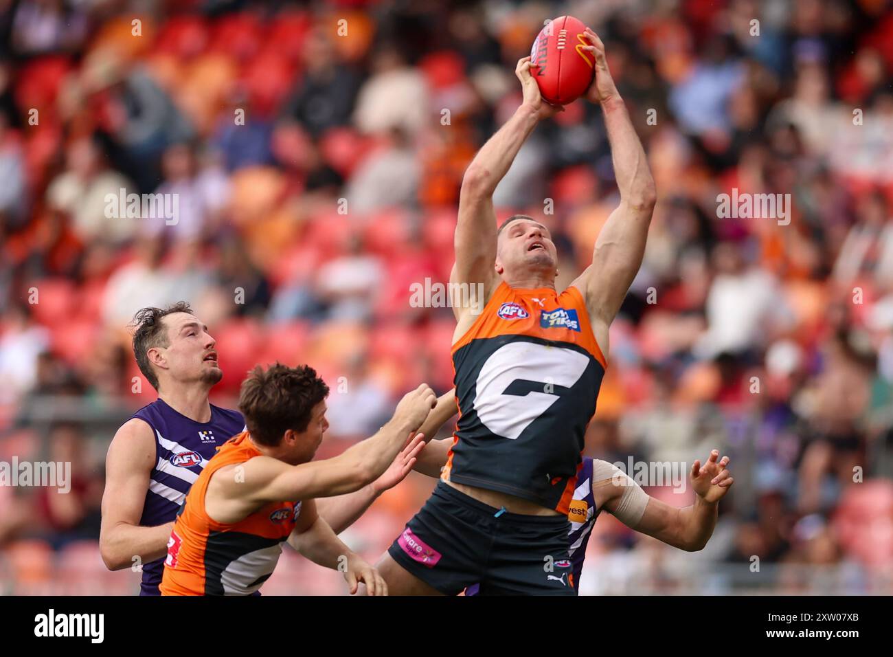 Sydney, Australia. 17th Aug, 2024. Jesse Hogan of the Giants marks ...
