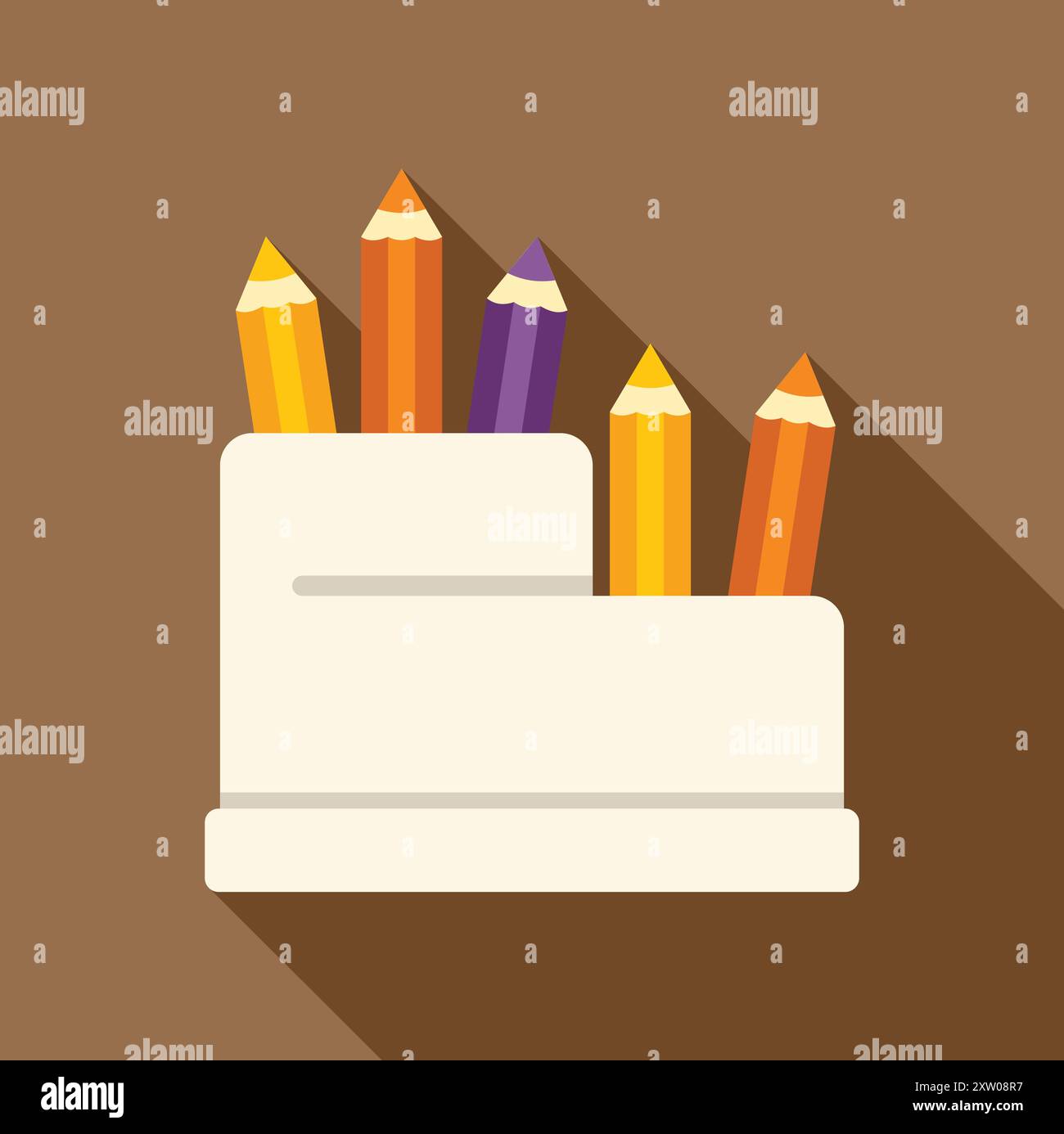 White pencil holder with colorful pencils standing on desk in flat ...