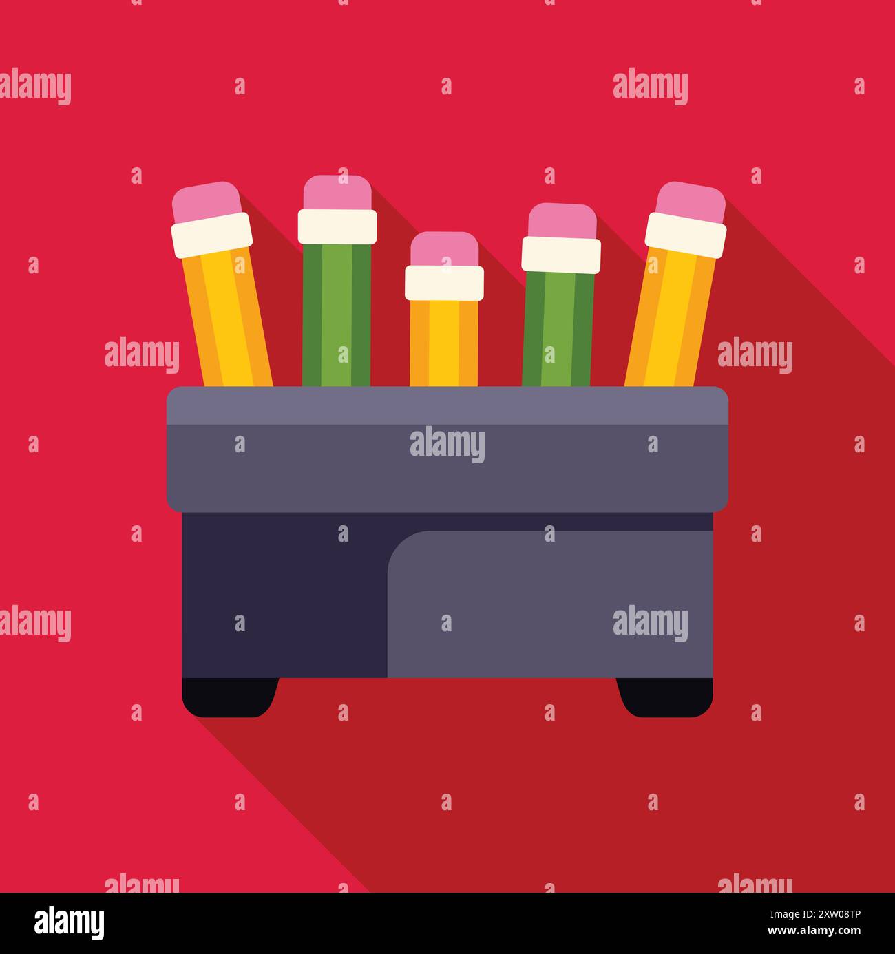 Pencils standing upright in pencil holder on red background Stock ...