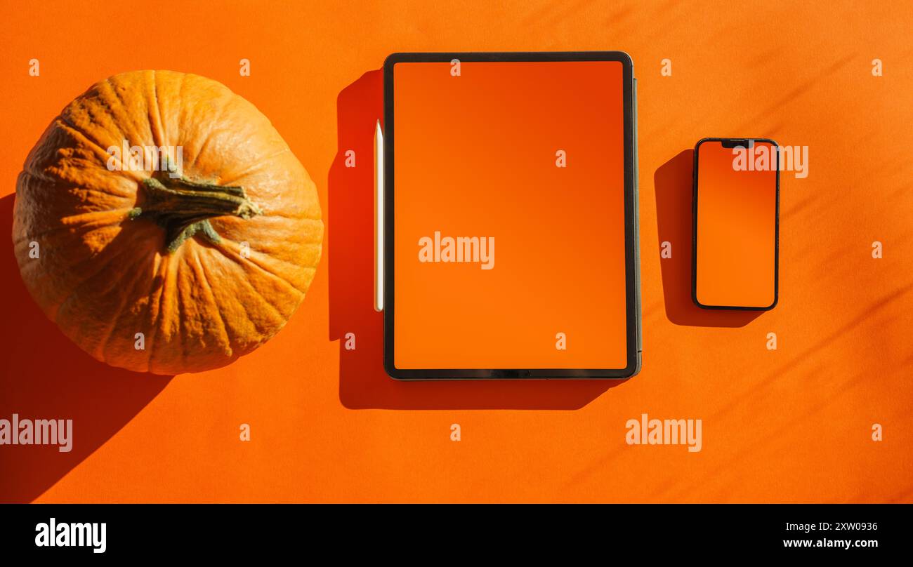 Orange pumpkin smartphone screen mockup. Graphic tablet empty screen ...