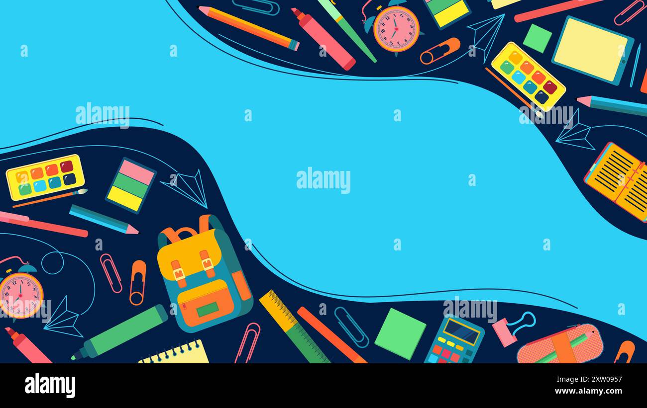 happy back to school background illustration composed of backpack, pens ...