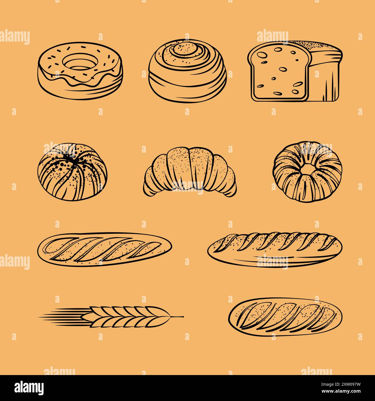 A collection of hand drawn line art depicting various delicious baked ...