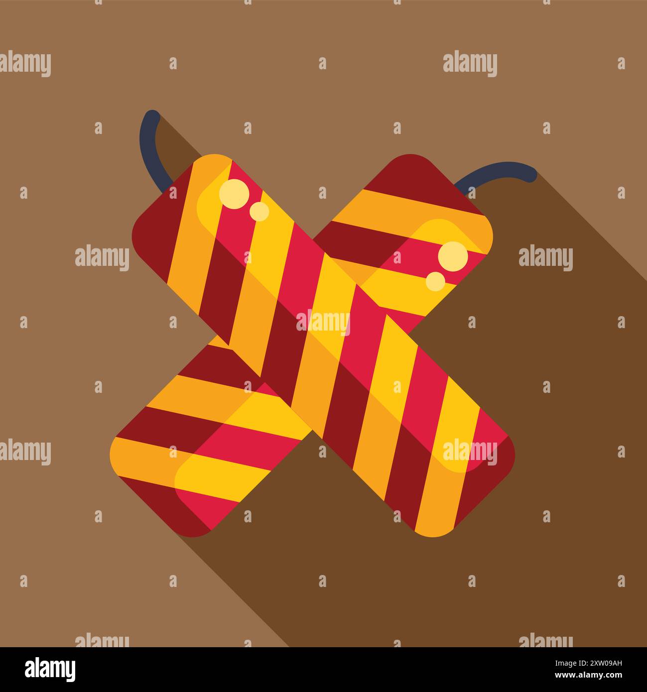 Two red and yellow firecrackers making a cross with long shadow on ...