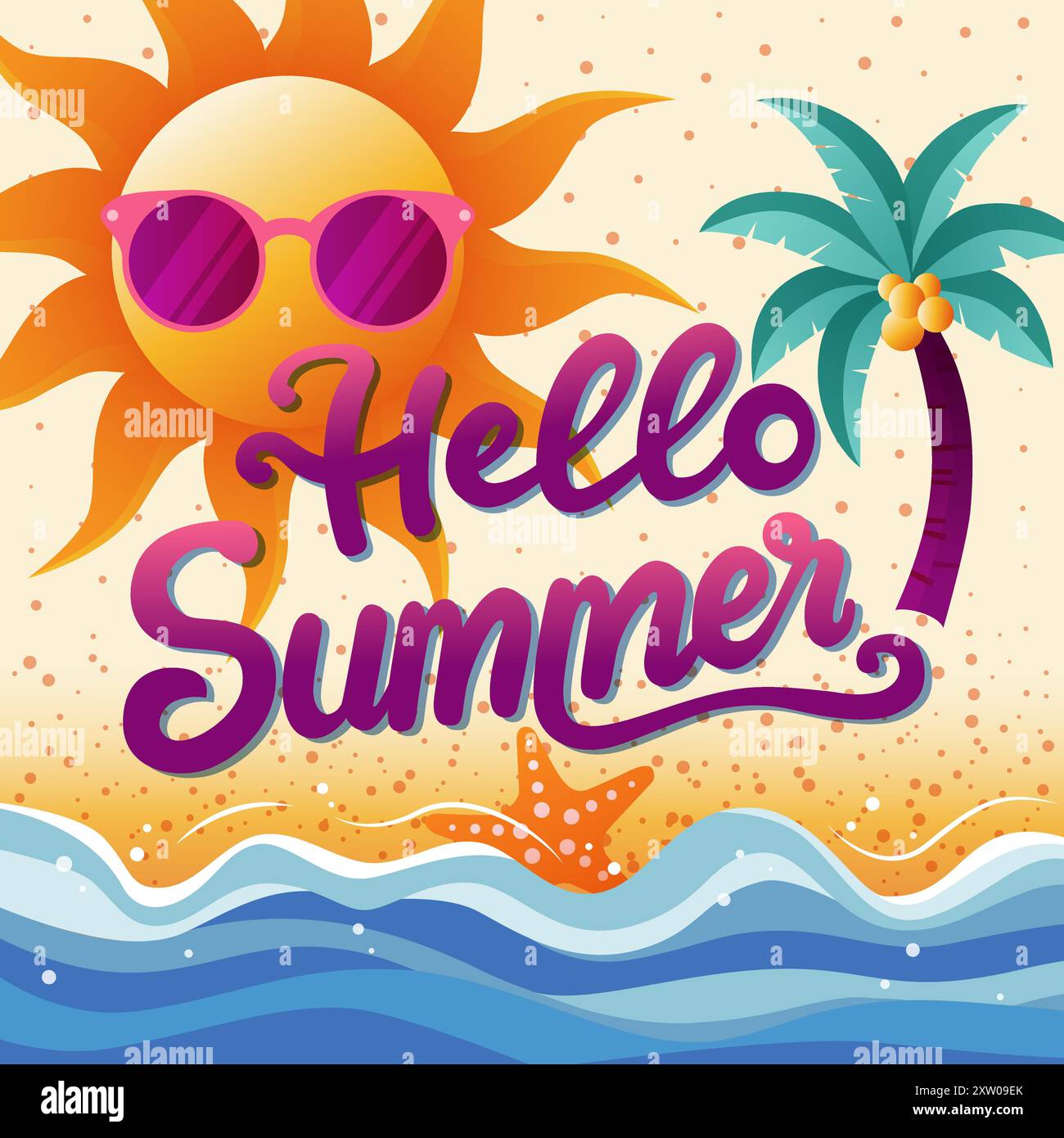 Summer Beach Gradient Illustration with Hello Summer Typography Design ...