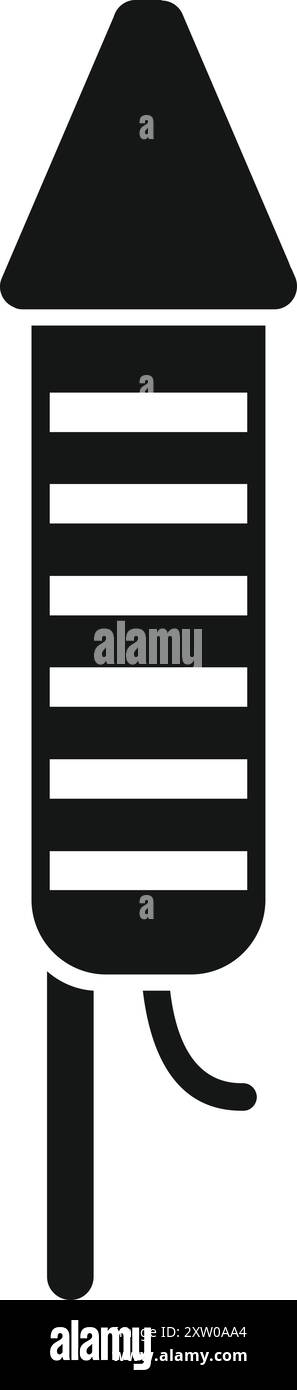 Simple black and white icon of a firework rocket with a burning fuse ...