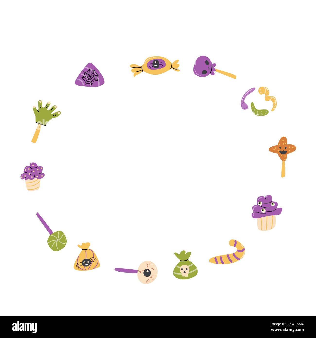 Halloween cute frame with funny sweets, spiders and skull candy, spooky ...