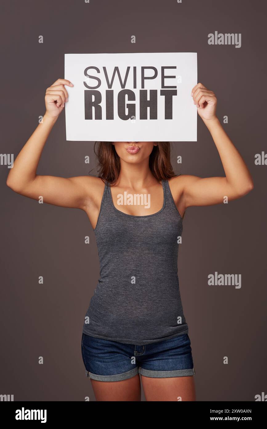 Woman, poster and sign with swipe right for message, social media or ...