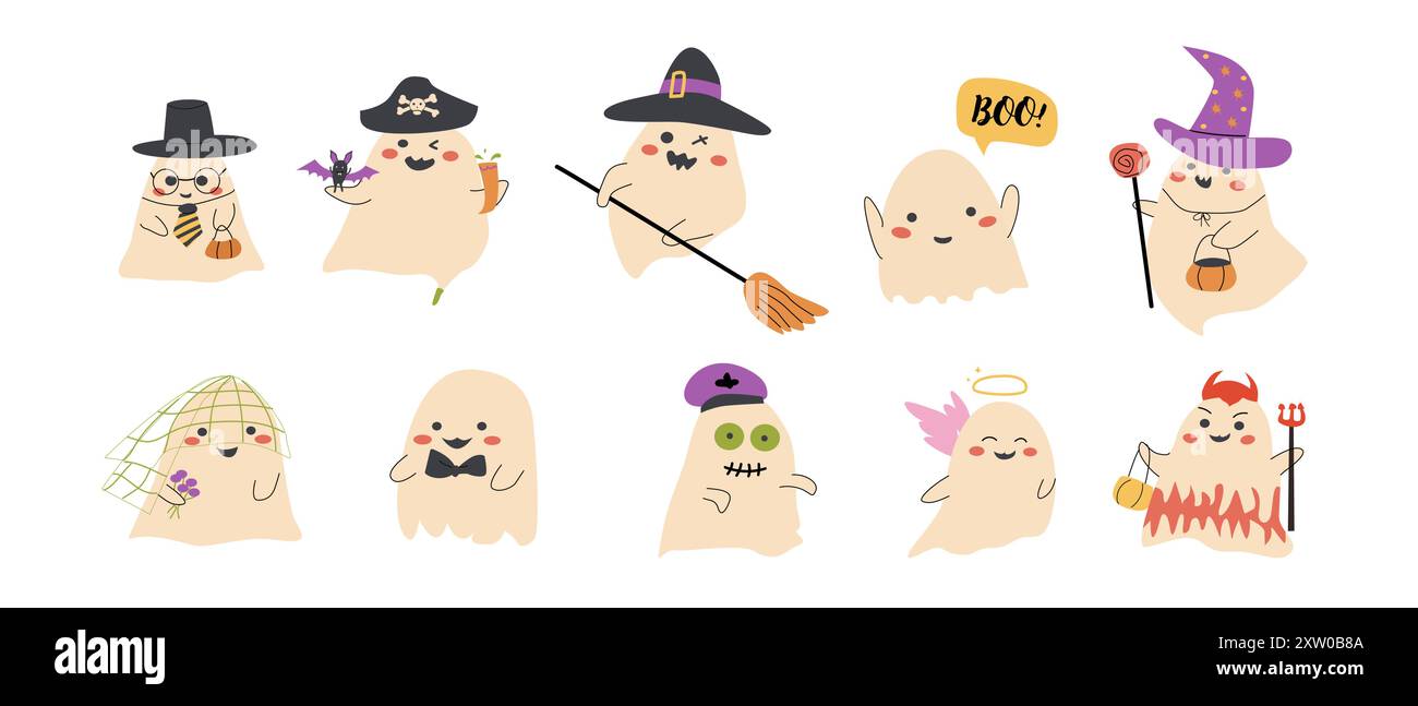 Cute halloweens ghosts set. Collection of cute spooky characters ...