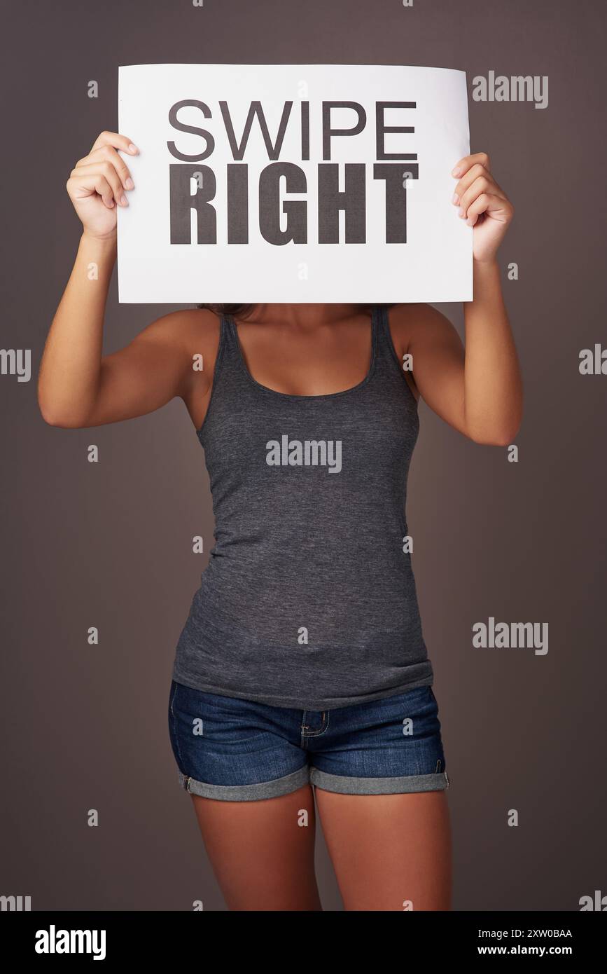 Woman, poster and sign with message for social media, notification or ...