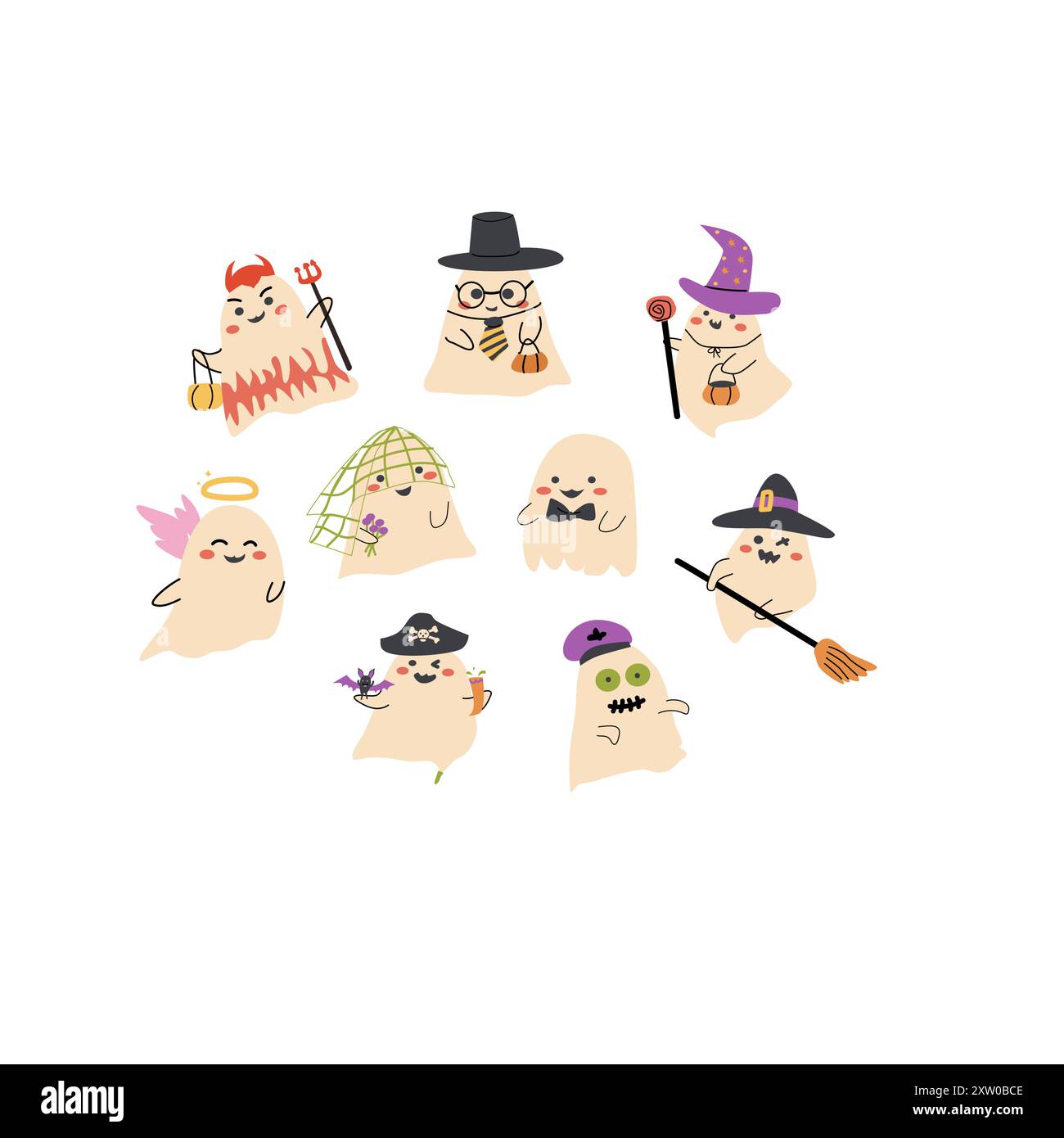 Cute halloweens ghosts set or round background. Collection of cute ...