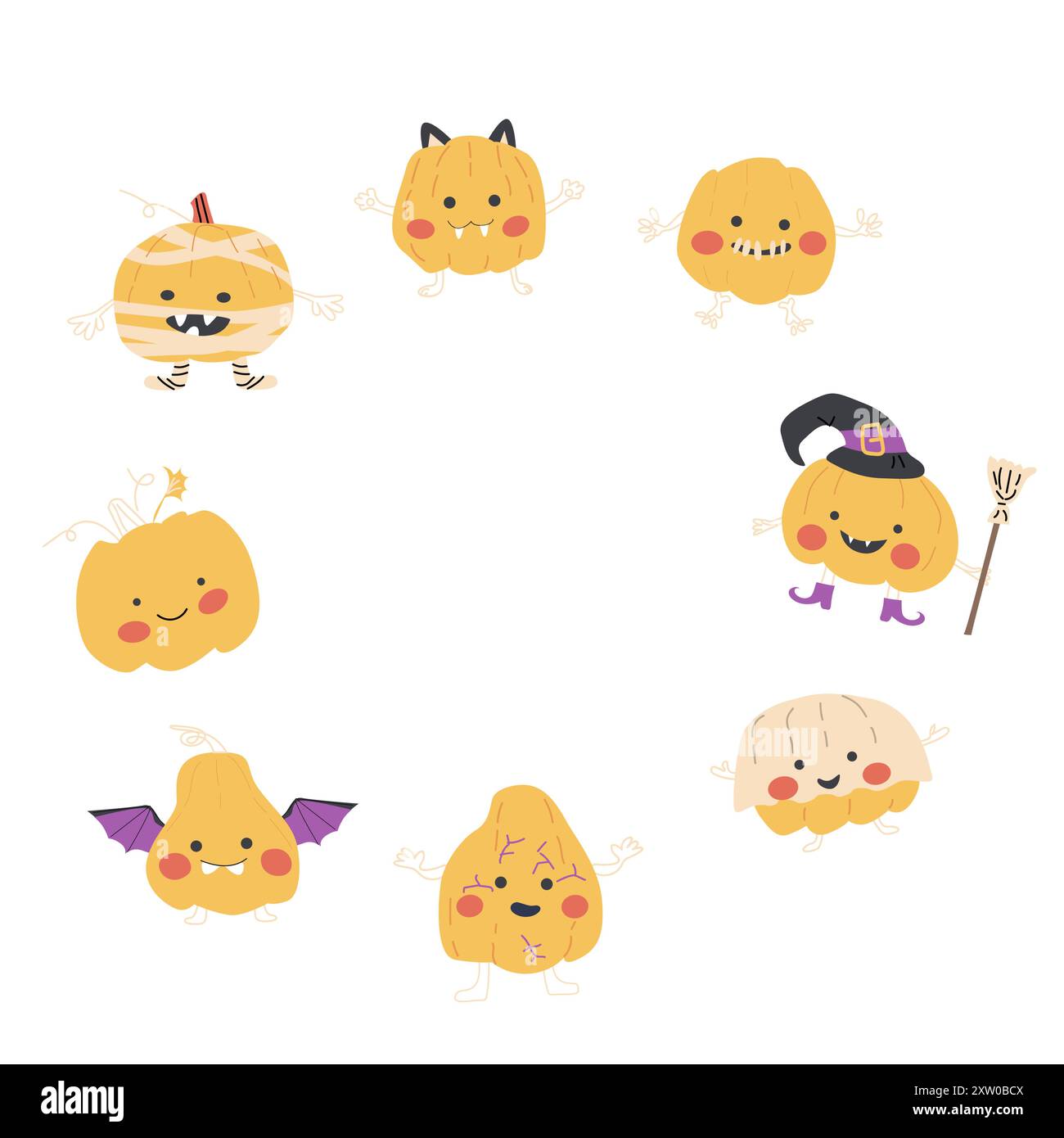 Halloween cute frame or border with funny characters, Pumkins in ...
