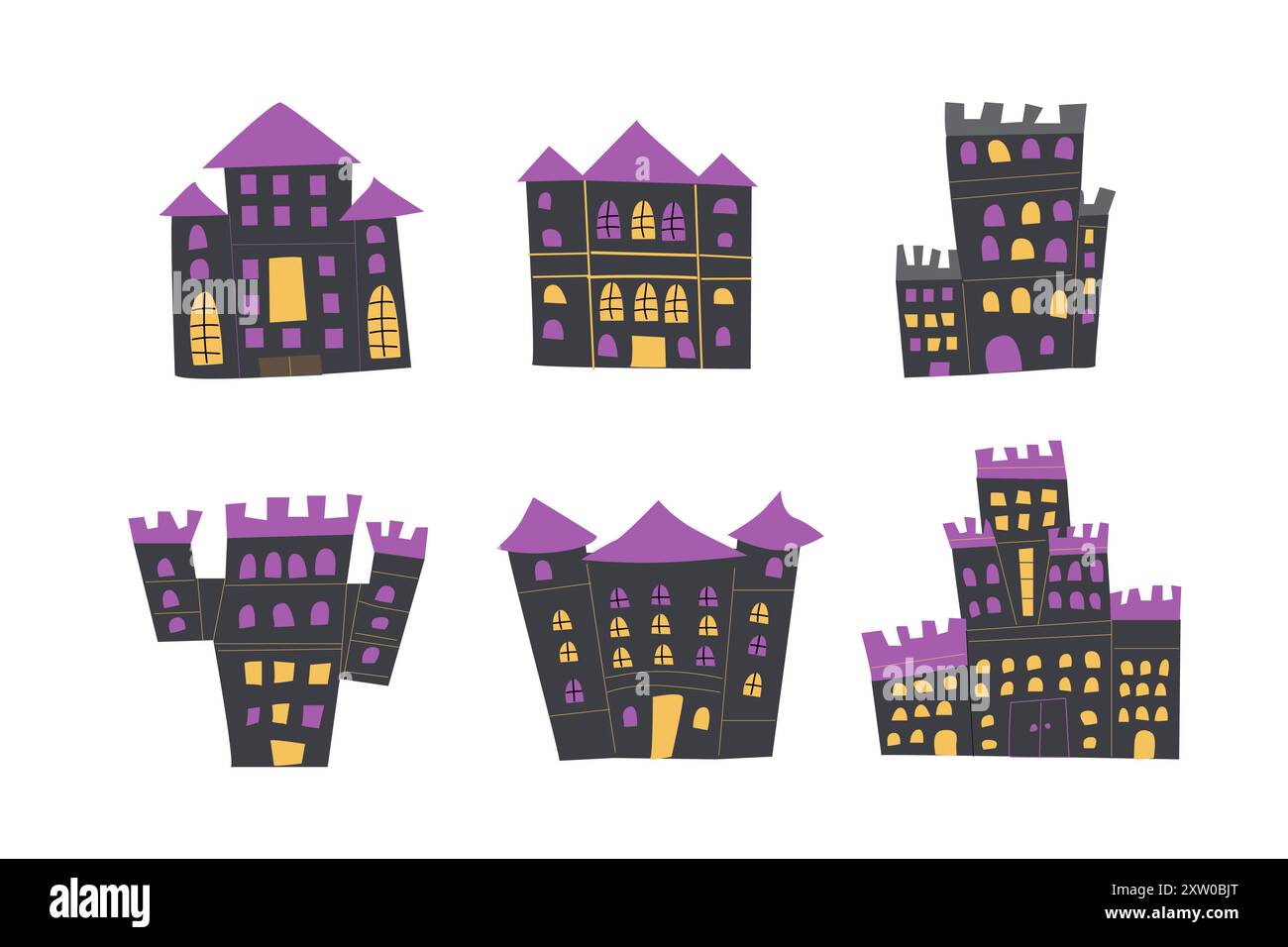 Childrens halloweens castle set. Fairy magic building. Flat ...