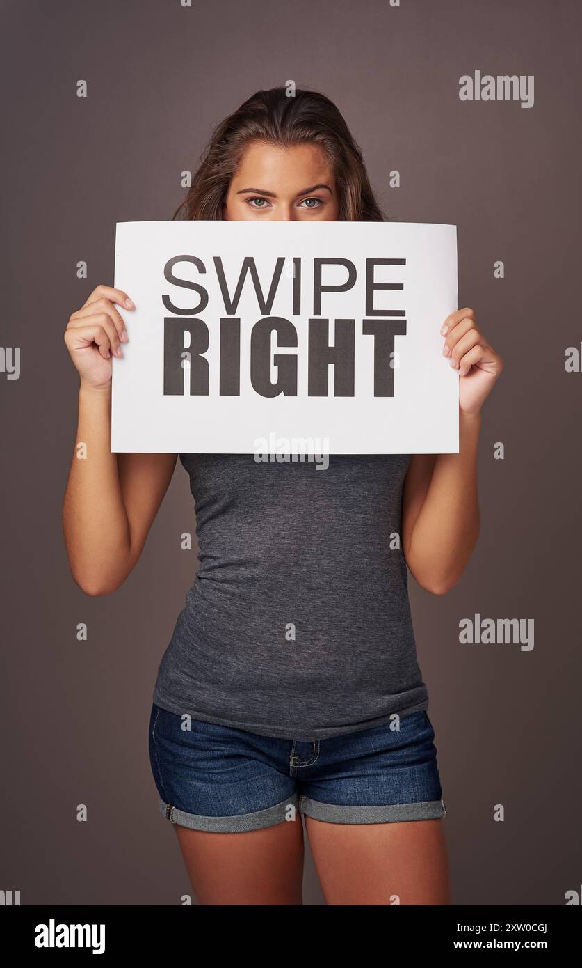 Woman, poster and sign with notification for social media, message or ...