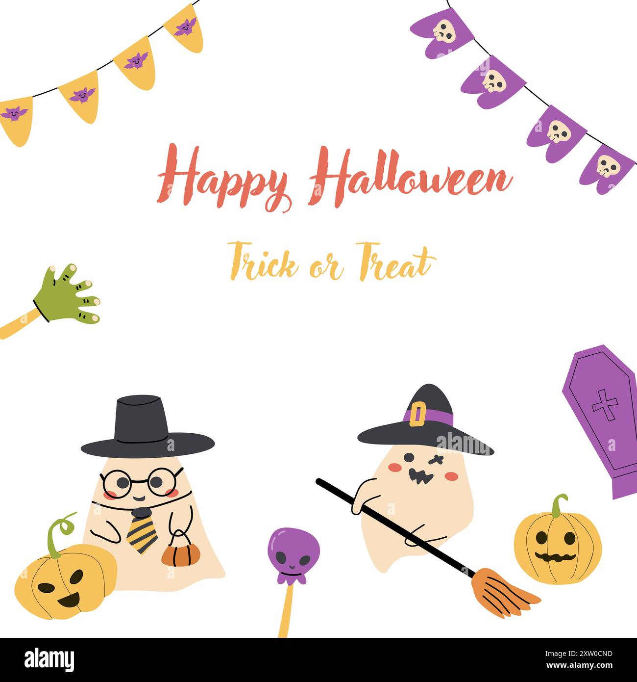 Cute Halloween ghosts party invitation card design. Funny spooky ...