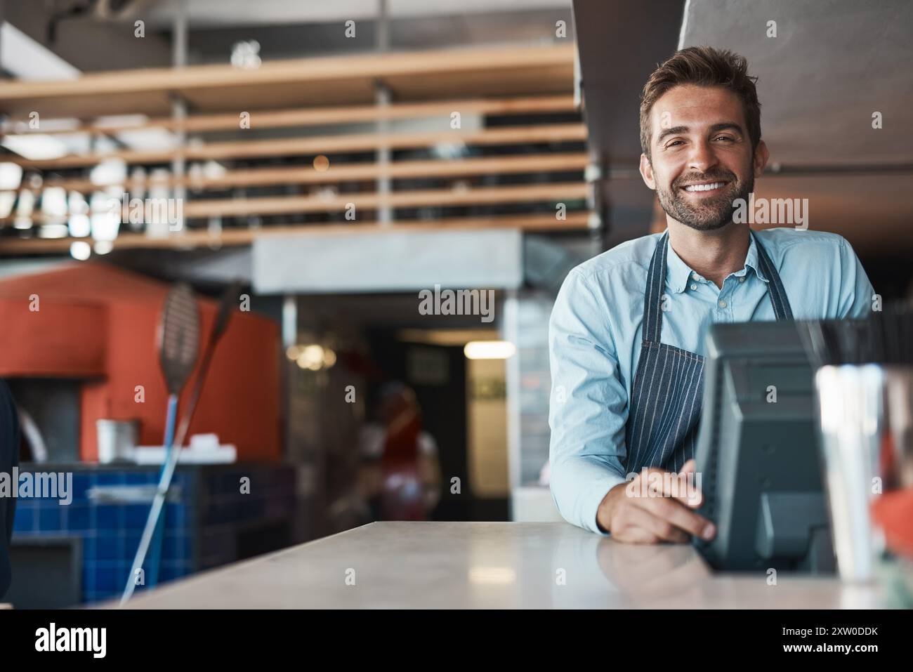 Small business, man and happy in cafe for portrait, pride and success ...