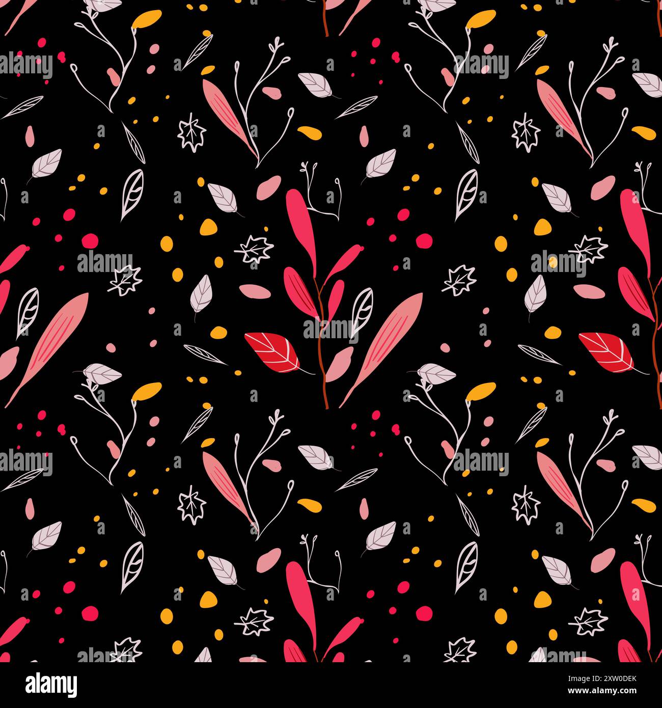 Autumn seamless pattern on a black background with red leaves and ...