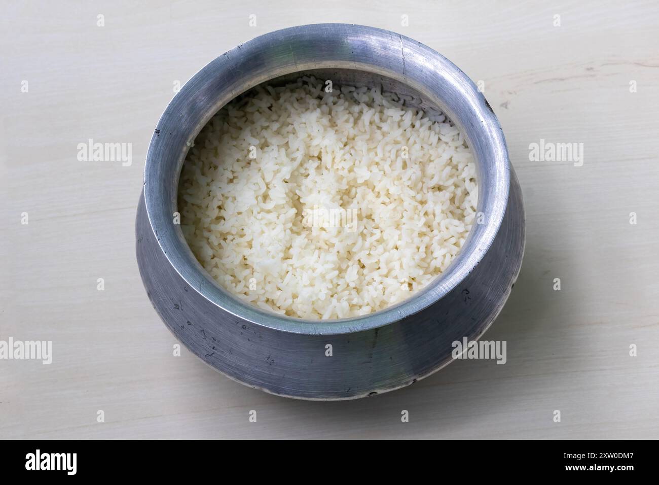 Cooked white rice in a silverware. Rice is a staple food in Bangladesh ...