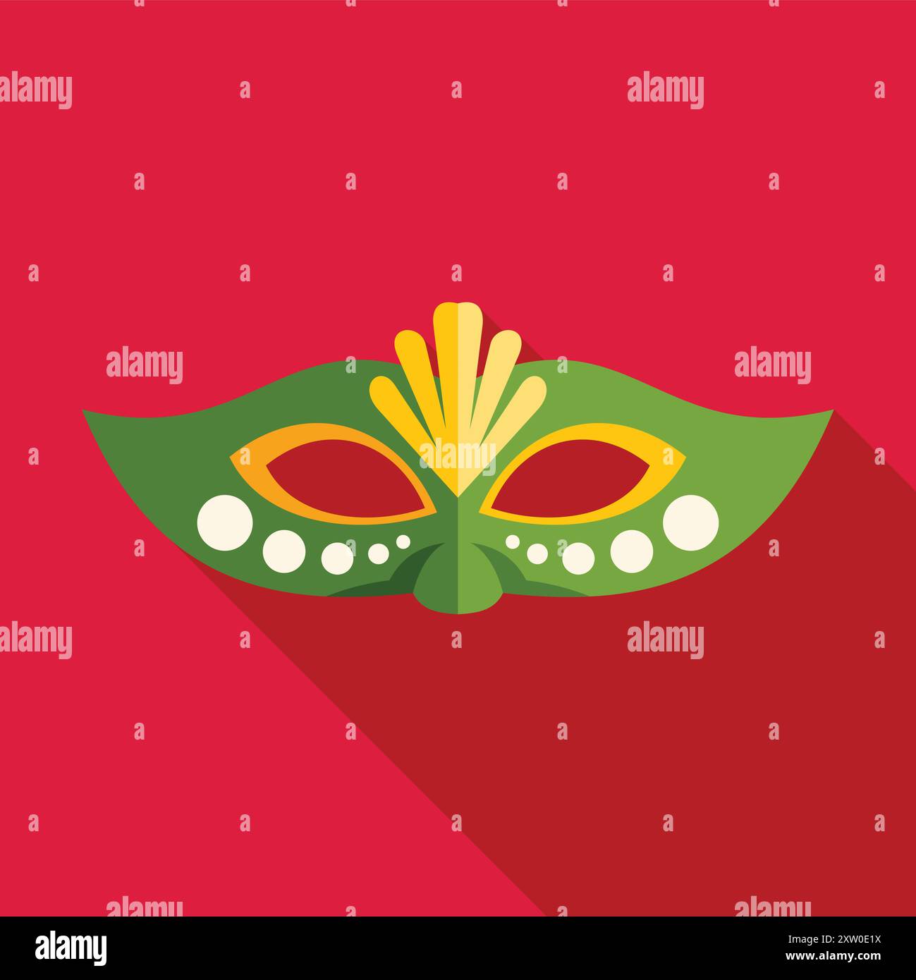 Festive green and yellow carnival mask is lying on a red background ...