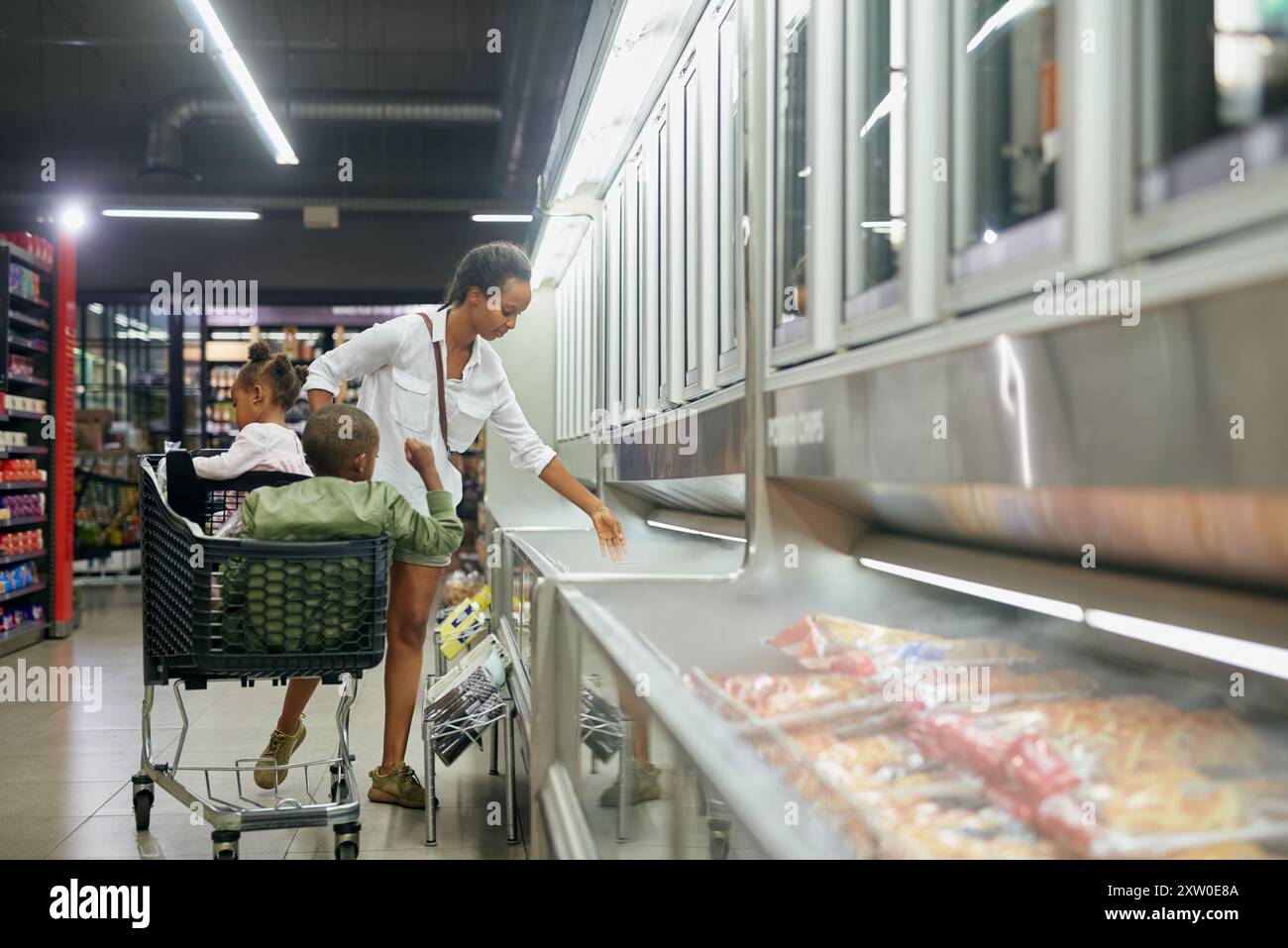 Grocery, shopping and black woman with kids in cart, family budget and ...