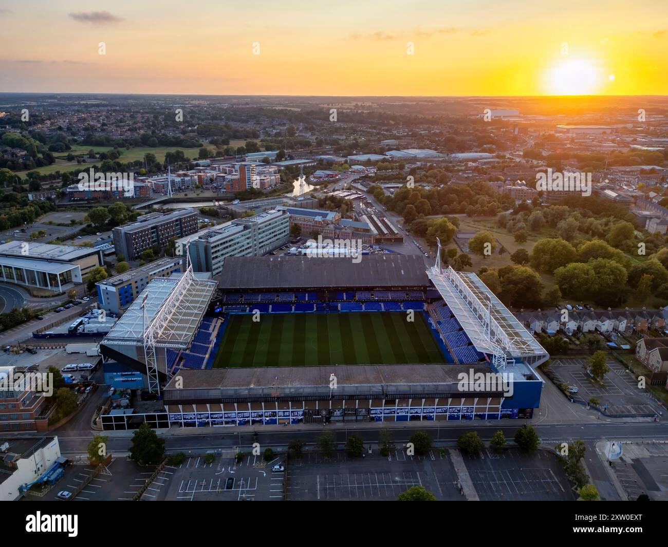 An aerial view as the sun sets over Portman Road stadium in Ipswich ...