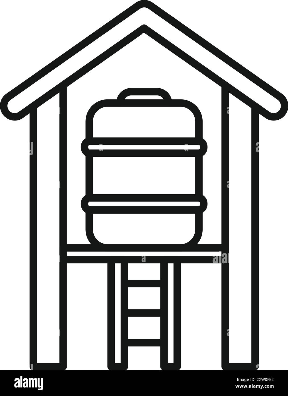Line drawing of a water tank standing under a roof with a ladder ...