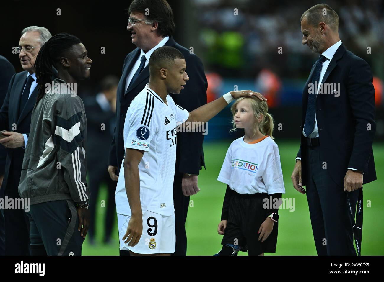 WARSAW, POLAND - AUGUST 14: Kylian Mbappe of Real Madrid CF greets a ...