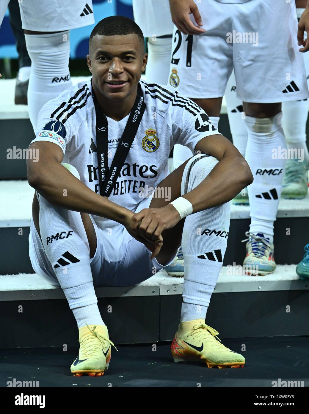 WARSAW, POLAND - AUGUST 14: Kylian Mbappe of Real Madrid with a medal ...
