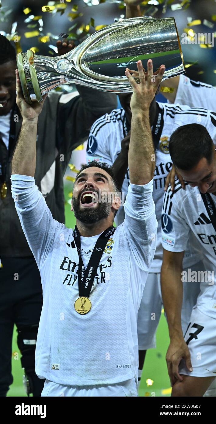 WARSAW, POLAND - AUGUST 14: Dani Carvajal of Real Madrid with a trophy ...