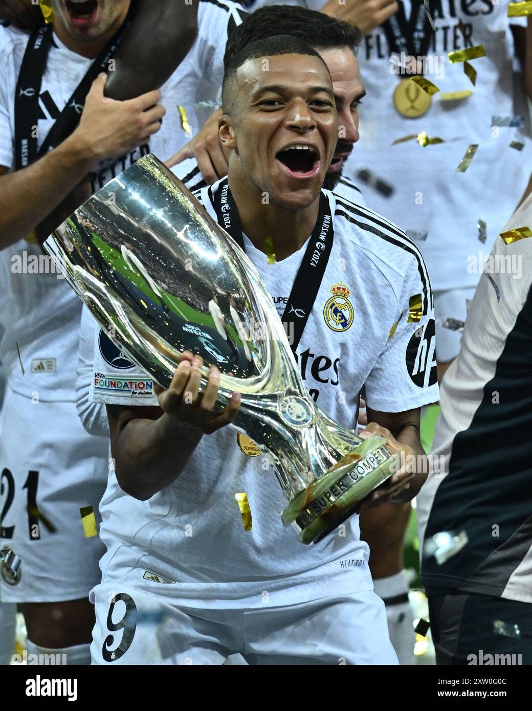 WARSAW, POLAND - AUGUST 14: Kylian Mbappe of Real Madrid celebrates ...