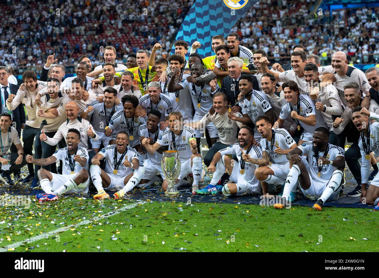 WARSAW, POLAND - AUGUST 14: Luka Modric, Kylian Mbappe, Vinicius Junior ...
