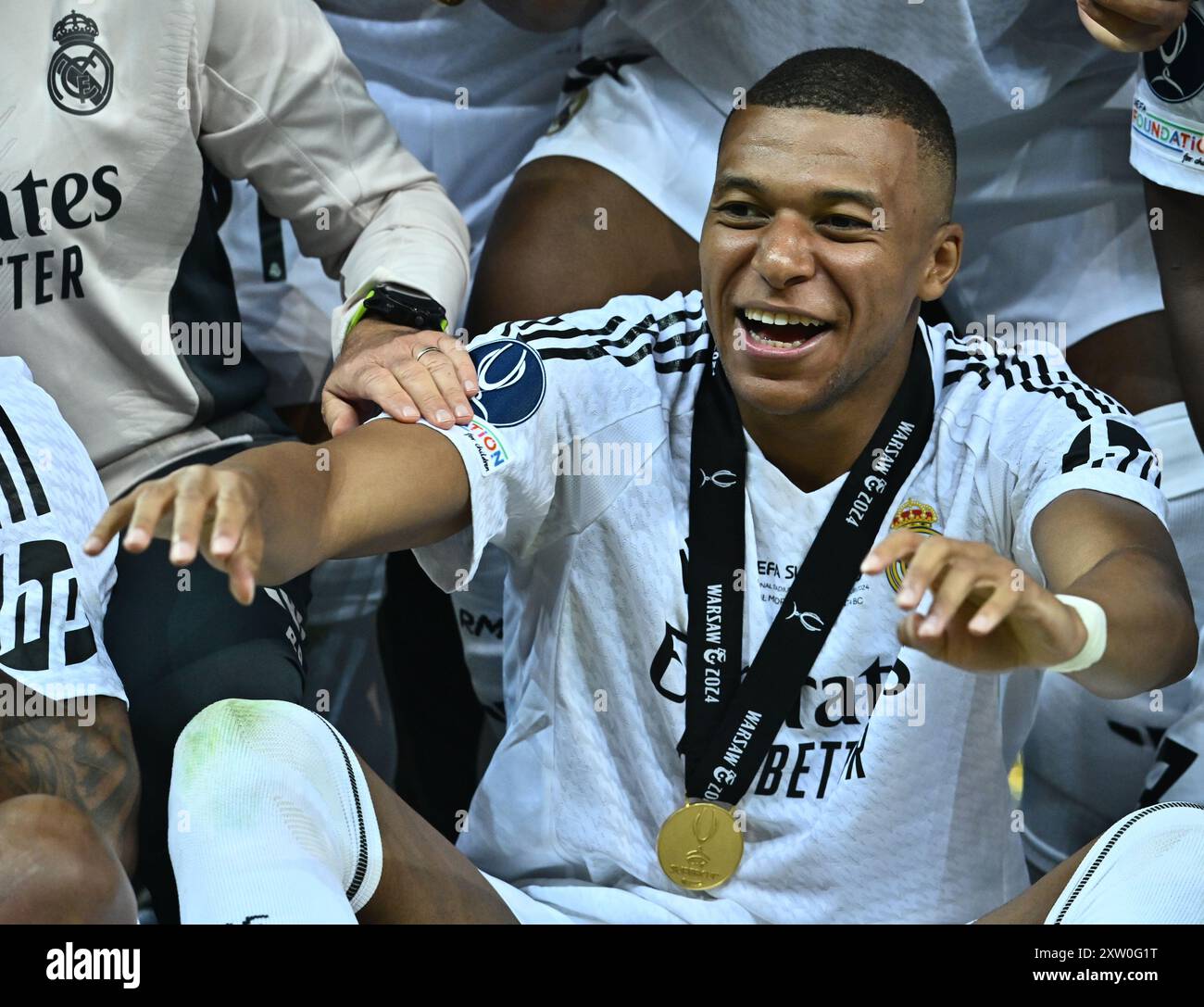 WARSAW, POLAND - AUGUST 14: Kylian Mbappe of Real Madrid celebrates ...