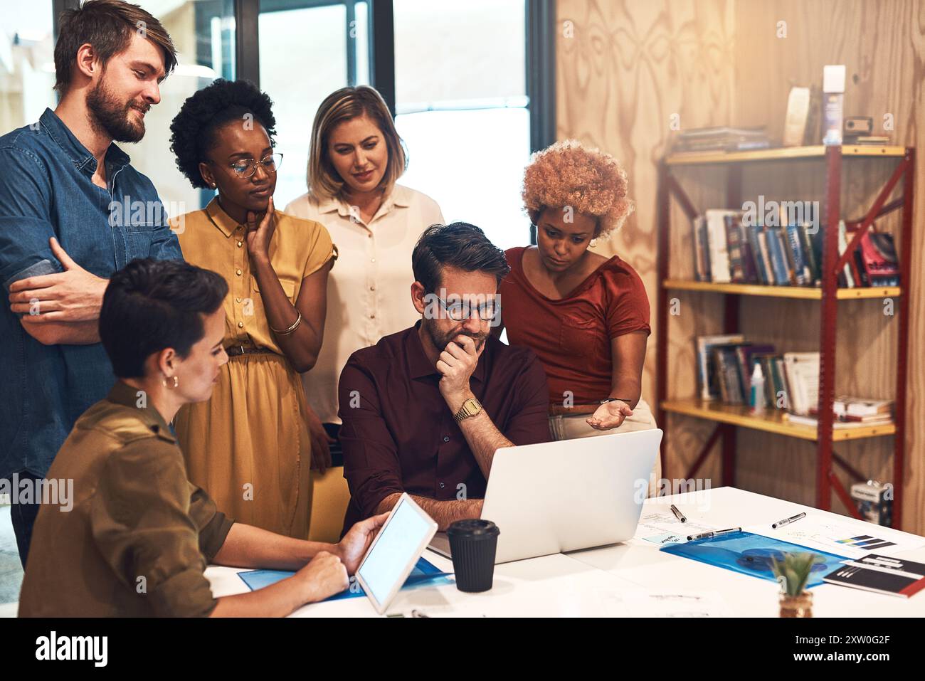 Business, people and mentor with discussion on laptop for induction ...