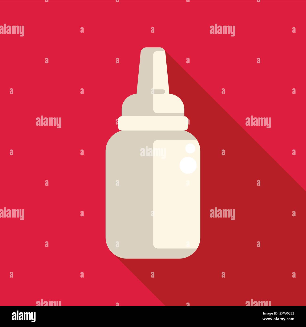 Baby bottle full of milk casting a shadow on a red background, simple ...